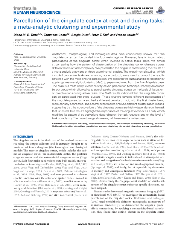 Pdf Parcellation Of The Cingulate Cortex When Involved In Active Tasks A Meta Analytic
