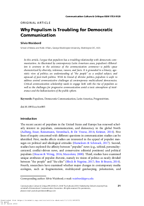 (PDF) Why Populism is Troubling for Democratic Communication