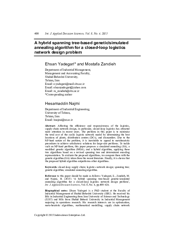 Pdf Hybrid Geneticsimulated Annealing For Logistics