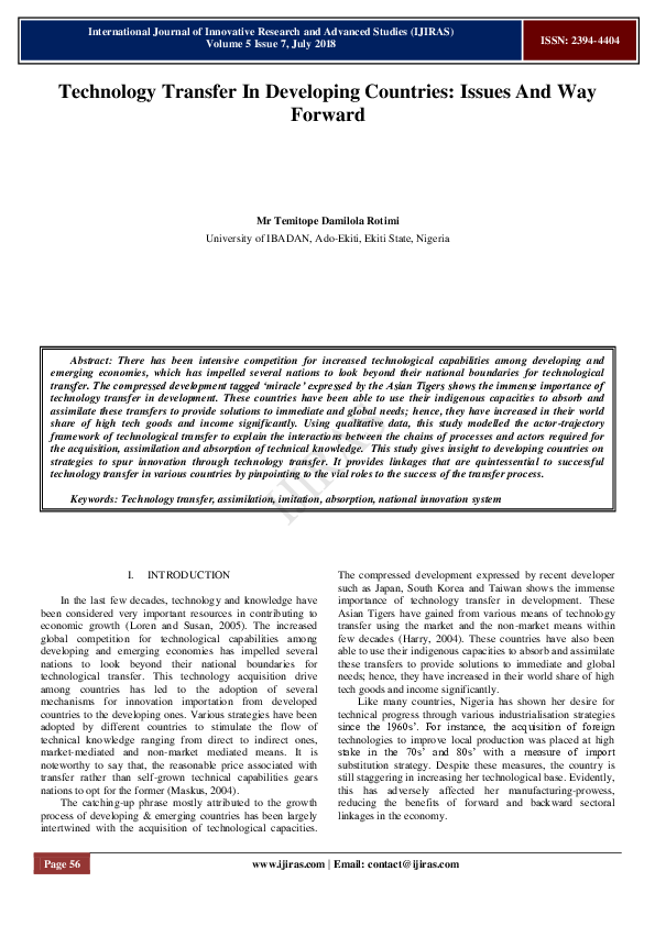 (PDF) Technology Transfer In Developing Countries: Issues And Way Forward