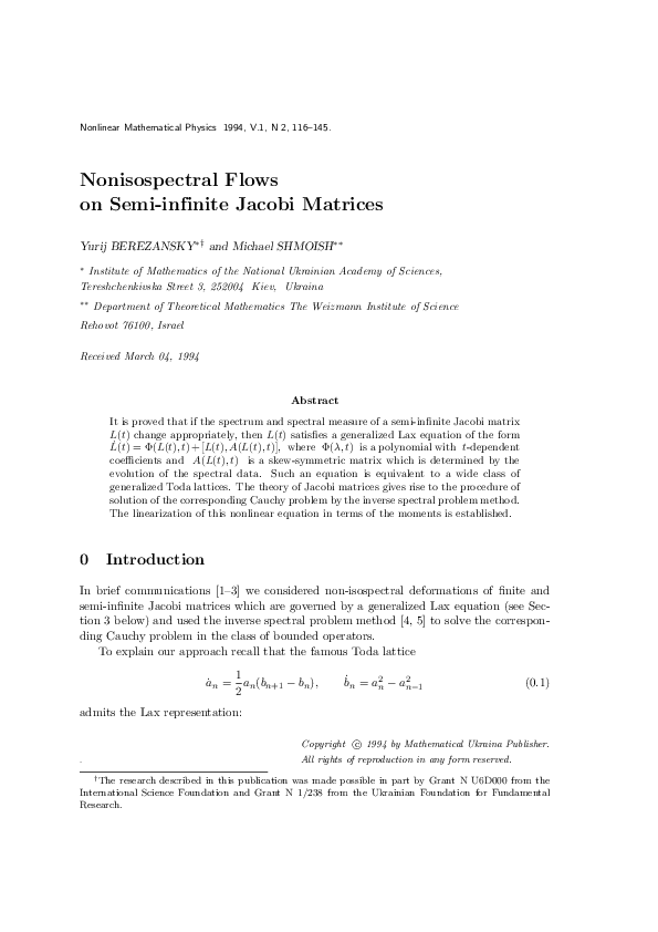 (PDF) Nonisospectral Flows on Semi-infinite Jacobi Matrices | Michael ...