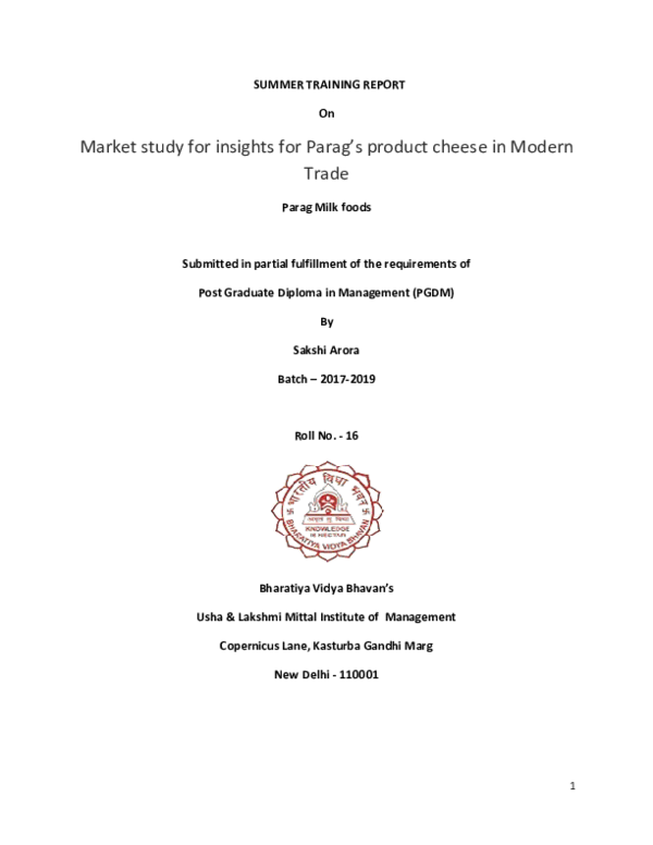 (DOC) SUMMER TRAINING REPORT Market study for insights for Parag's ...