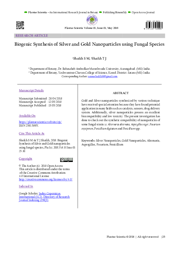 (PDF) Biogenic Synthesis of Silver and Gold Nanoparticles using Fungal Species