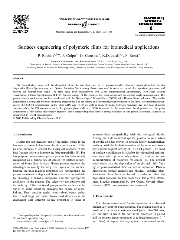 (PDF) Surfaces engineering of polymeric films for biomedical applications