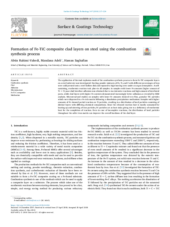 (PDF) Formation of Fe-TiC composite clad layers on steel using the combustion synthesis process