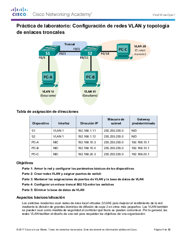 (PDF) Práctica de laboratorio: Configuración de redes VLAN y topología de enlaces troncales