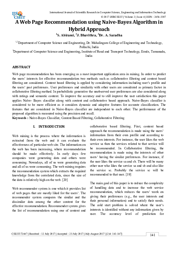 Pdf A Web Page Recommendation Using Naive Bayes Algorithm In Hybrid Approach