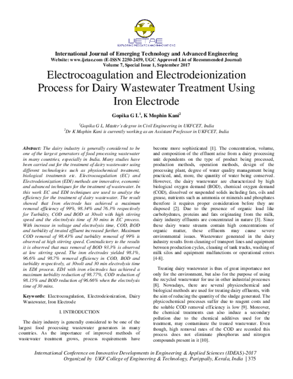 (PDF) Electrocoagulation and Electrodeionization Process for Dairy ...