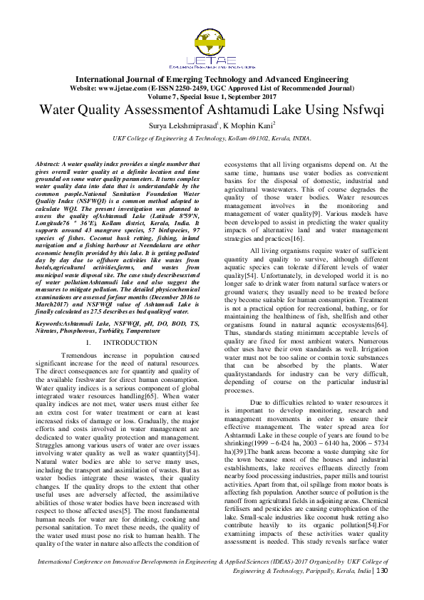 (PDF) Water Quality Assessmentof Ashtamudi Lake Using Nsfwqi