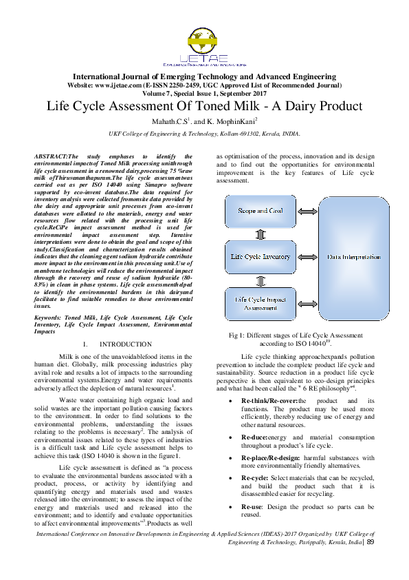 (PDF) Life Cycle Assessment Of Toned Milk -A Dairy Product