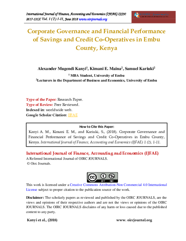 (PDF) Corporate Governance and Financial Performance of Savings and ...
