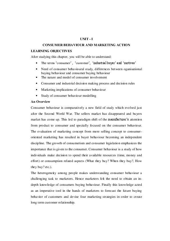(PDF) UNIT -I CONSUMER BEHAVIOUR AND MARKETING ACTION