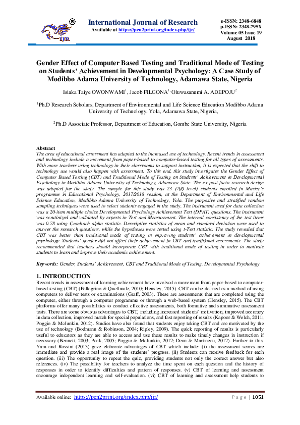 Pdf Gender Effect Of Computer Based Testing And Traditional Mode Of