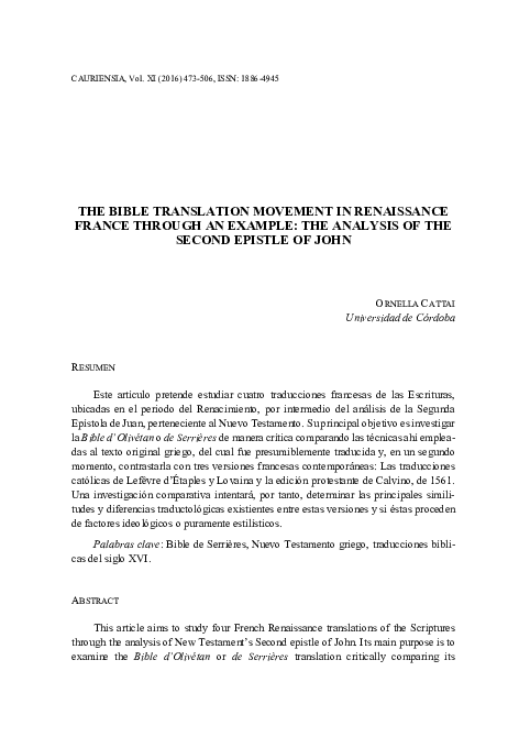 (PDF) THE BIBLE TRANSLATION MOVEMENT IN RENAISSANCE FRANCE THROUGH AN ...