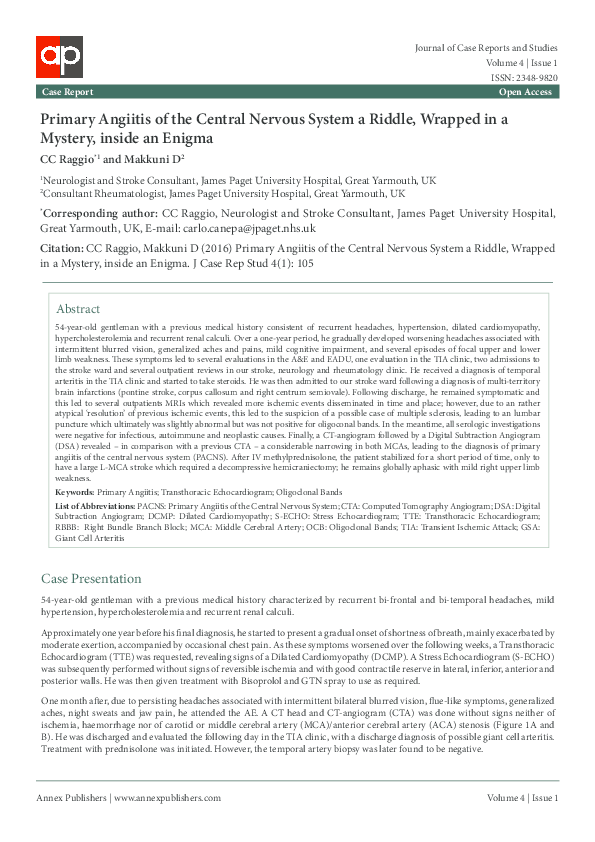 (PDF) Primary Angiitis of the Central Nervous System a Riddle, Wrapped ...