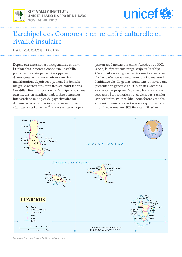 (PDF) L'archipel des Comores : entre unité culturelle et rivalité insulaire
