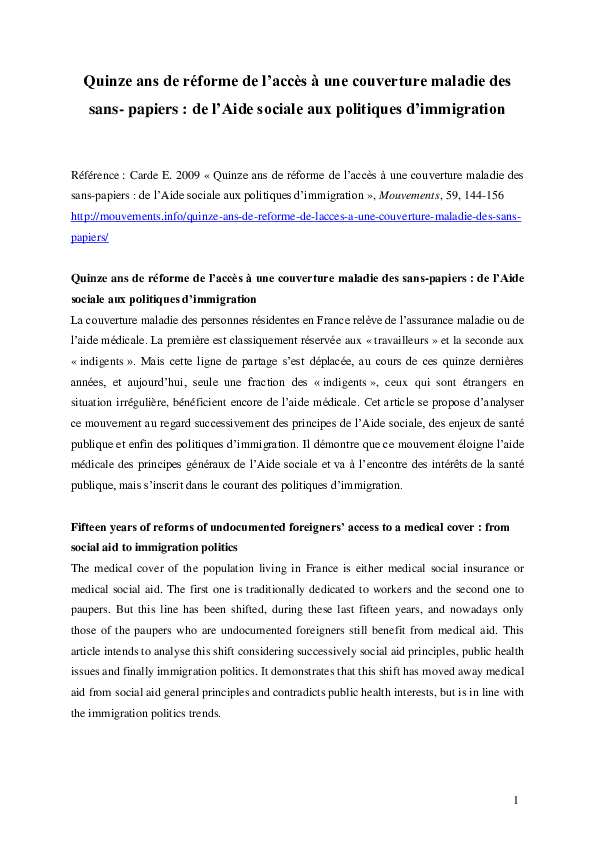 (PDF) Quinze ans de réforme de l’accès à une couverture maladie des ...