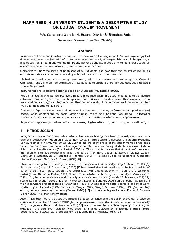 (PDF) HAPPINESS IN UNIVERSITY STUDENTS: A DESCRIPTIVE STUDY FOR ...