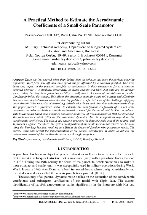 (PDF) A Practical Method to Estimate the Aerodynamic Coefficients of a Small-Scale Paramotor