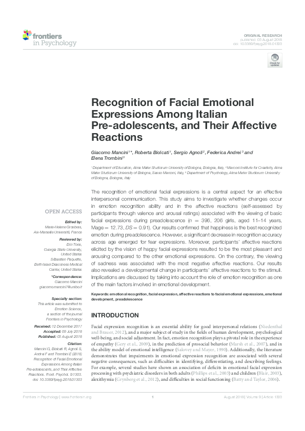 (PDF) Recognition of Facial Emotional Expressions Among Italian Pre ...