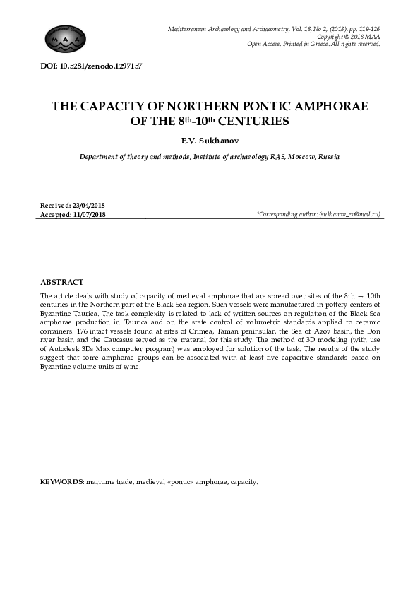 (PDF) THE CAPACITY OF NORTHERN PONTIC AMPHORAE OF THE 8 th -10 th CENTURIES