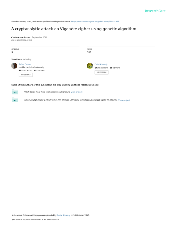 (PDF) A cryptanalytic attack on Vigenère cipher using genetic algorithm FPGA Based Real Time ...