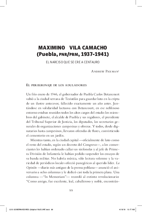(PDF) "Maximino Ávila Camacho: El Narciso que se creía Centauro", en A. Paxman, coord., Los ...