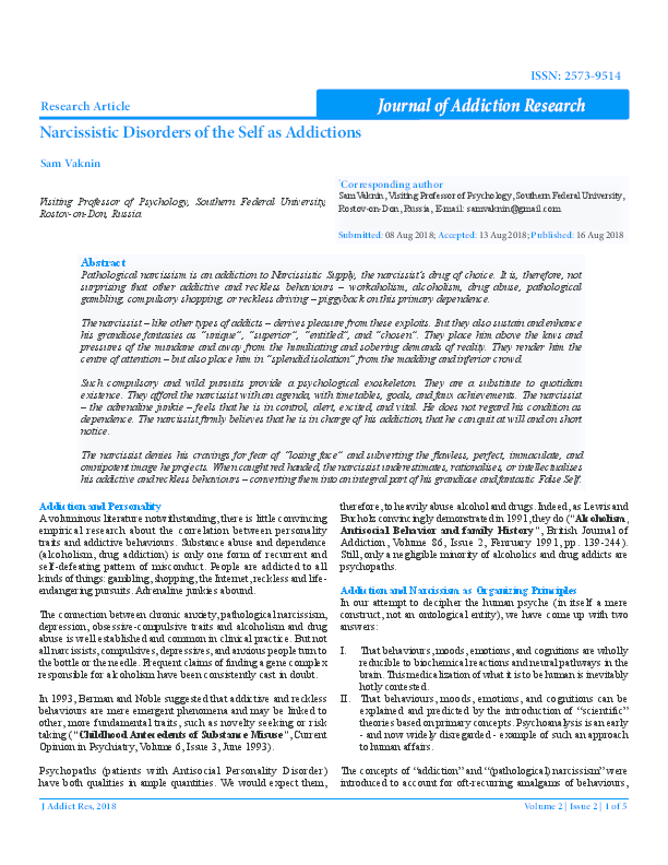 (PDF) Narcissistic Disorders of the Self as Addictions - Journal of ...