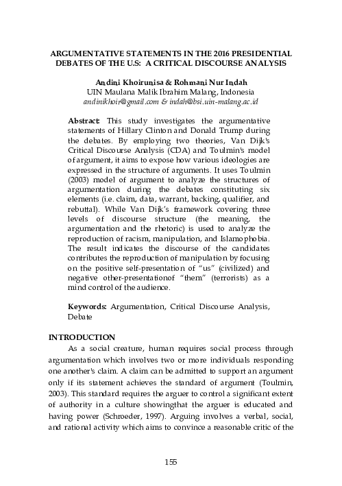 (PDF) ARGUMENTATIVE STATEMENTS IN THE 2016 PRESIDENTIAL DEBATES OF THE ...
