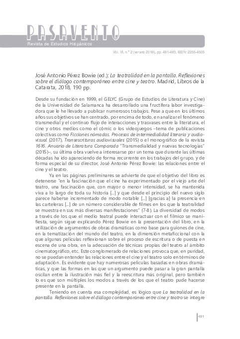 (PDF) Reseña. José Antonio Pérez Bowie (ed.): La teatralidad en la ...