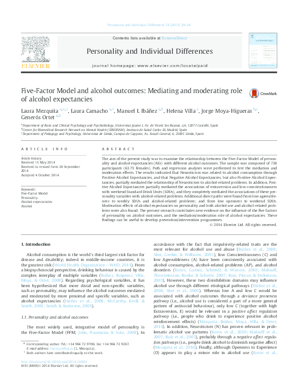 (PDF) Five-Factor Model and alcohol outcomes: Mediating and moderating ...