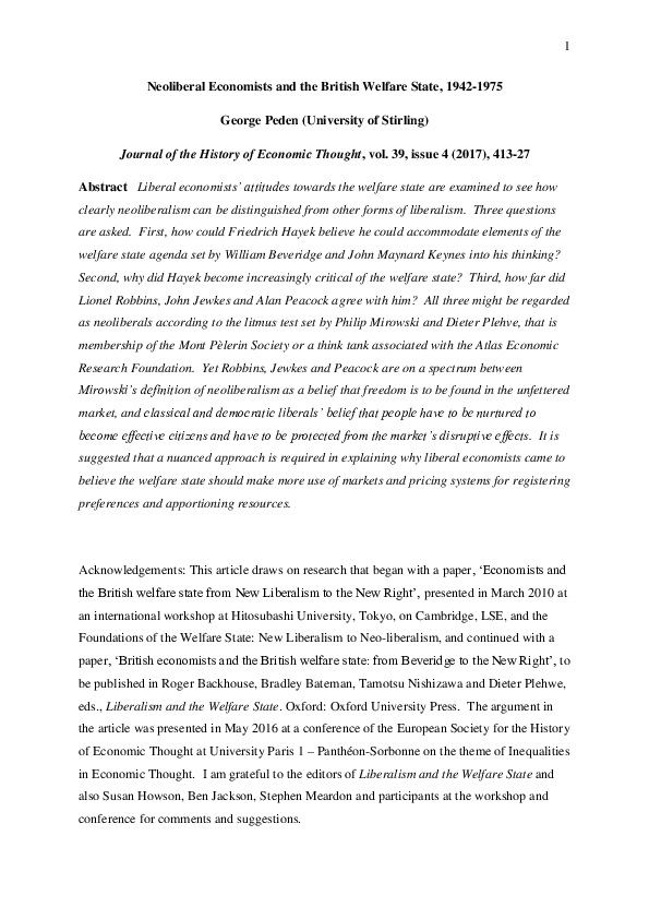 (PDF) Neoliberal Economists and the British Welfare State 1942 1975