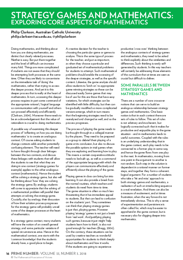 (PDF) STRATEGY GAMES AND MATHEMATICS: EXPLORING CORE ASPECTS OF MATHEMATICS