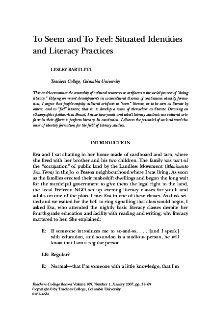 (PDF) To seem and to feel: Situated identities and literacy practices