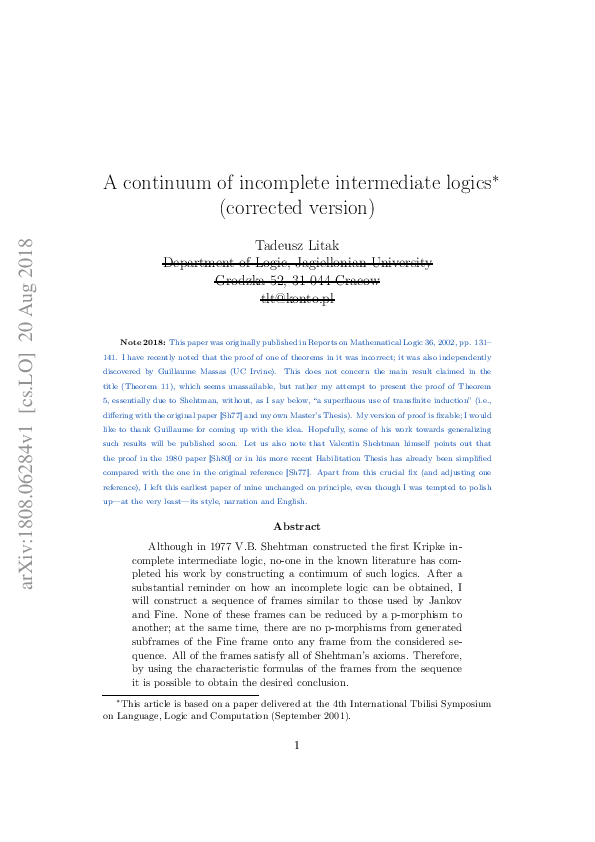 (PDF) A Continuum of Incomplete Intermediate Logics