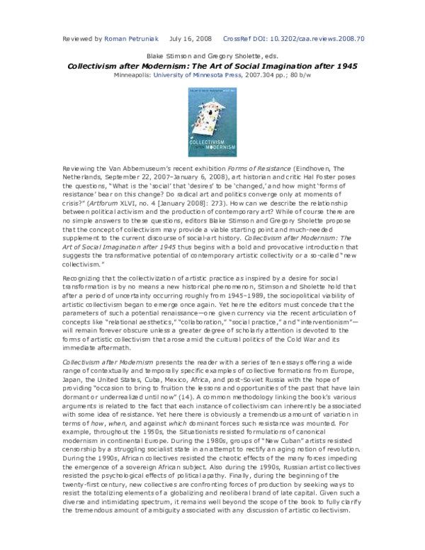 (PDF) Roman Petruniak. Review of "Collectivism after Modernism: The Art ...