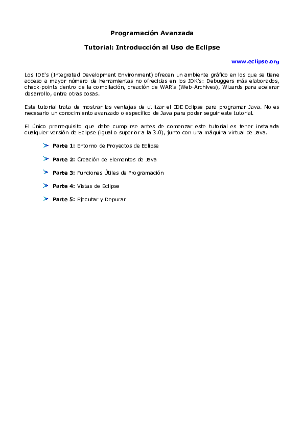 (DOC) Programación Avanzada Tutorial: Introducción al Uso de Eclipse