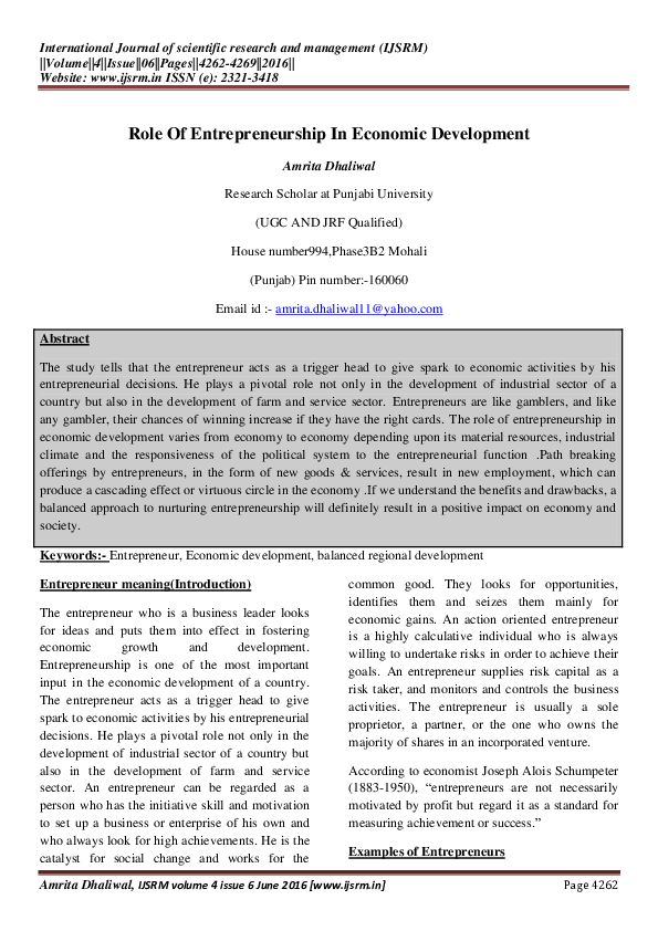 (PDF) Role Of Entrepreneurship In Economic Development