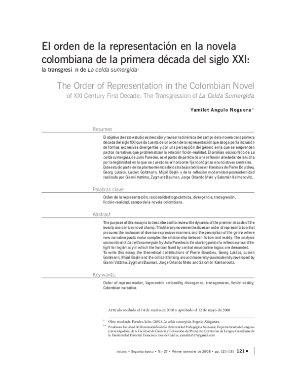 (PDF) The Order of Representation in the Colombian Novel of XXI Century ...