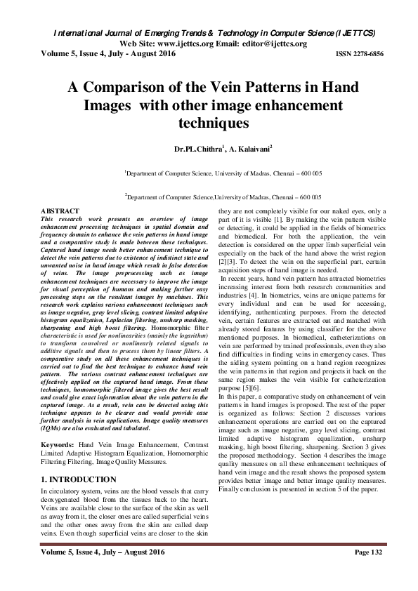 (PDF) A Comparison of the Vein Patterns in Hand Images with other image enhancement techniques