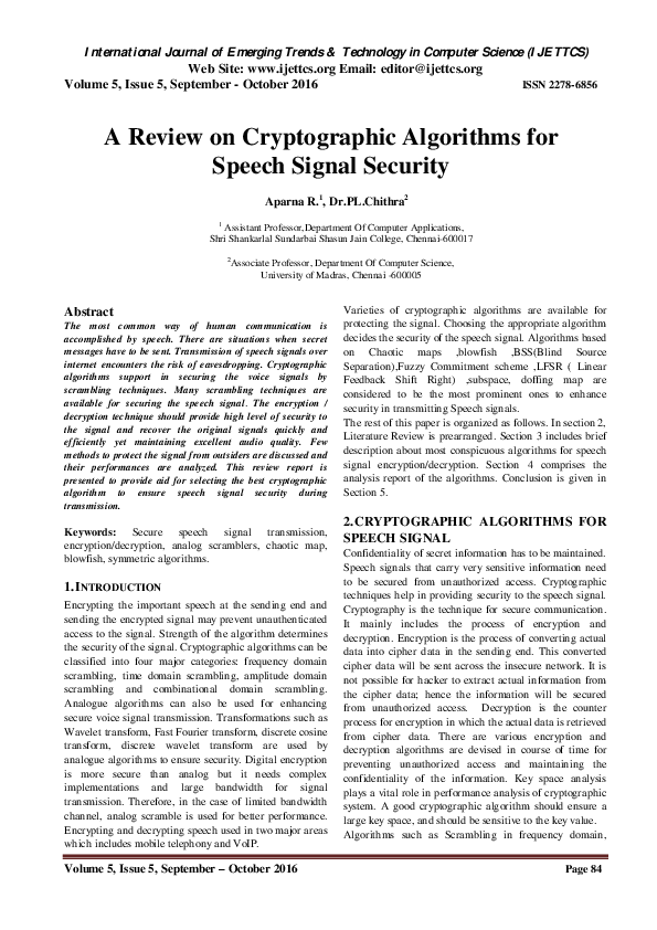 Pdf A Review On Cryptographic Algorithms For Speech Signal Security