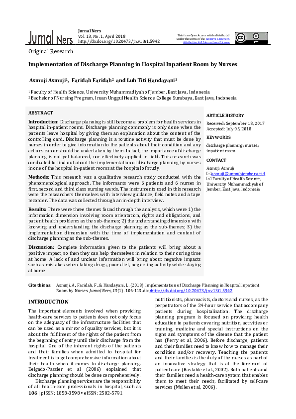 (PDF) Implementation of Discharge Planning in Hospital Inpatient Room ...
