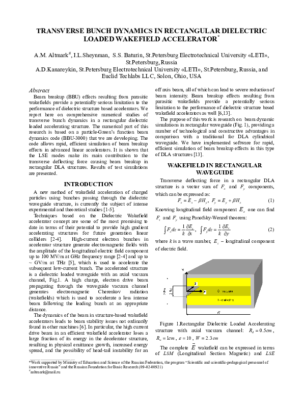 (PDF) TRANSVERSE BUNCH DYNAMICS IN RECTANGULAR DIELECTRIC LOADED WAKEFIELD ACCELERATOR