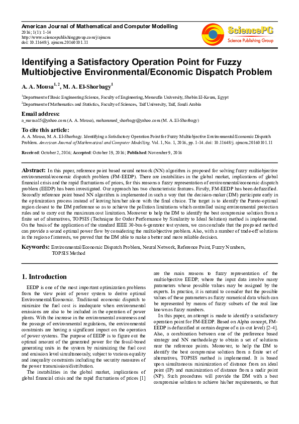 Pdf Identifying A Satisfactory Operation Point For Fuzzy Multiobjective Environmentaleconomic