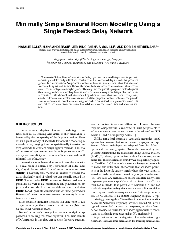 (PDF) Minimally Simple Binaural Room Modelling Using a Single Feedback Delay Network