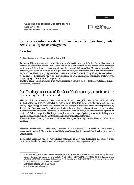 Pdf La Peligrosa Naturaleza De Don Juan Sexualidad Masculina Y Orden