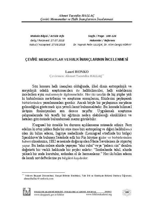 (PDF) Memoratlar ve Halk İnançlarının İncelenmesi (Lauri Honko)