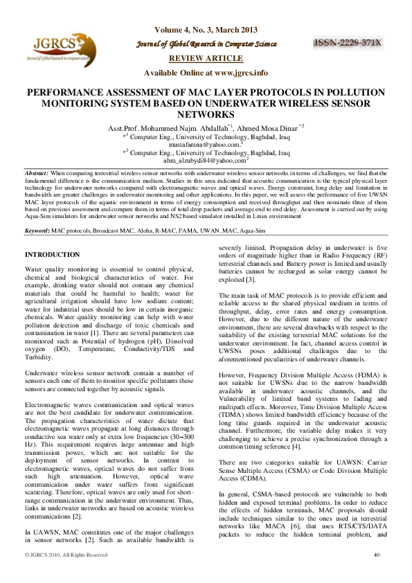 Pdf Performance Assessment Of Mac Layer Protocols In Pollution Monitoring System Based On