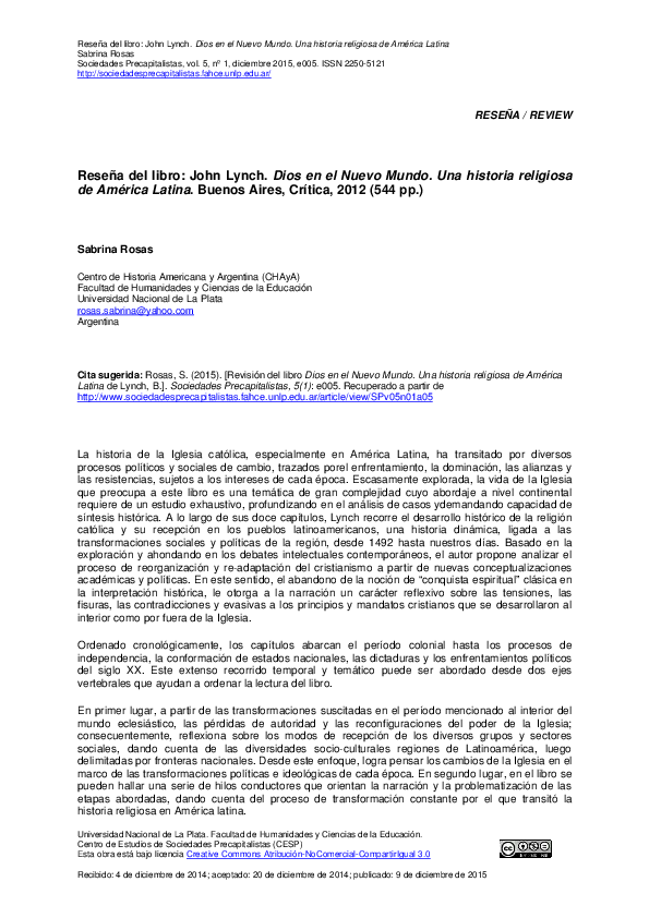 (PDF) Sabrina Rosas - Reseña de: John Lynch. Dios en el Nuevo Mundo ...