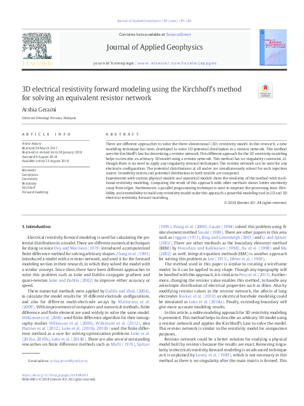 (PDF) 3D electrical resistivity forward modeling using the Kirchhoff's method for solving an ...